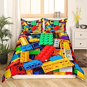 Erosebridal Building Blocks Duvet Cover Full, Colorful Bedding Set for Boys Girls, 3D Rainbow Construction Brick Comforter Cover Funny Geometric Rectangle Quilt Cover
