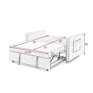 ERYE 3 in 1 Sleeper Sofa Bed,Contemporary Minimalist Style 2 Seater Loveseat Convertible Sofa&Couch with Pull Out Sofabed and Side Storage Pockets for Home,Office,Apartment,RV Living Room Furniture