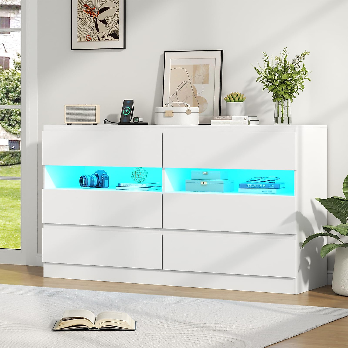 Loomie 6 Drawer Dresser with Power Outlet, Modern Chest of Drawers with LED Light, Dresser for Bedroom, Double Wide Drawer Dresser Organizer Cabinet for Living Room, Entryway (White)