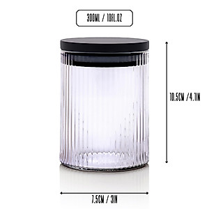 Mason & Fable Ribbed Glass Bathroom Jars with Airtight Black Bamboo Lids | Cotton Pad/Swab/Q tip Holder | Bath Salt/Small Makeup/Clear Vanity Apothecary Storage Canister Organizer – 10 fl oz, Set of 2
