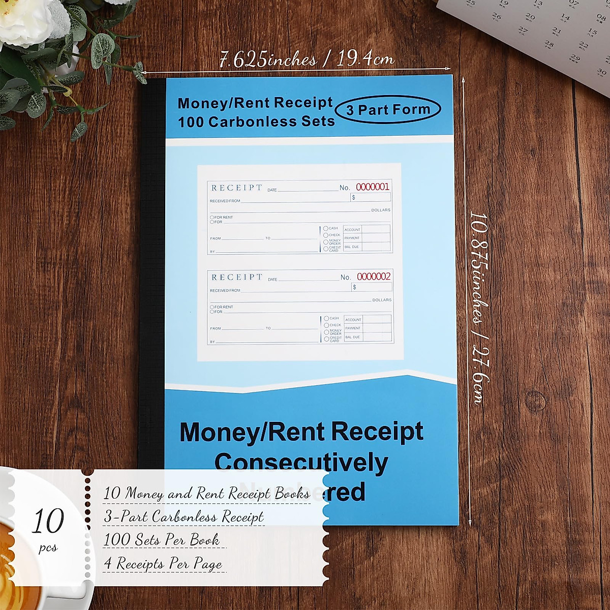 Crtiin 10 Books Money and Rent Receipt Book 3 Part Carbonless Receipt Book with Carbon Copies 7-5/8" x 10-7/8" Bound Cover Receipt Log Book 100 Sets Per Book 4 Receipts Per Page