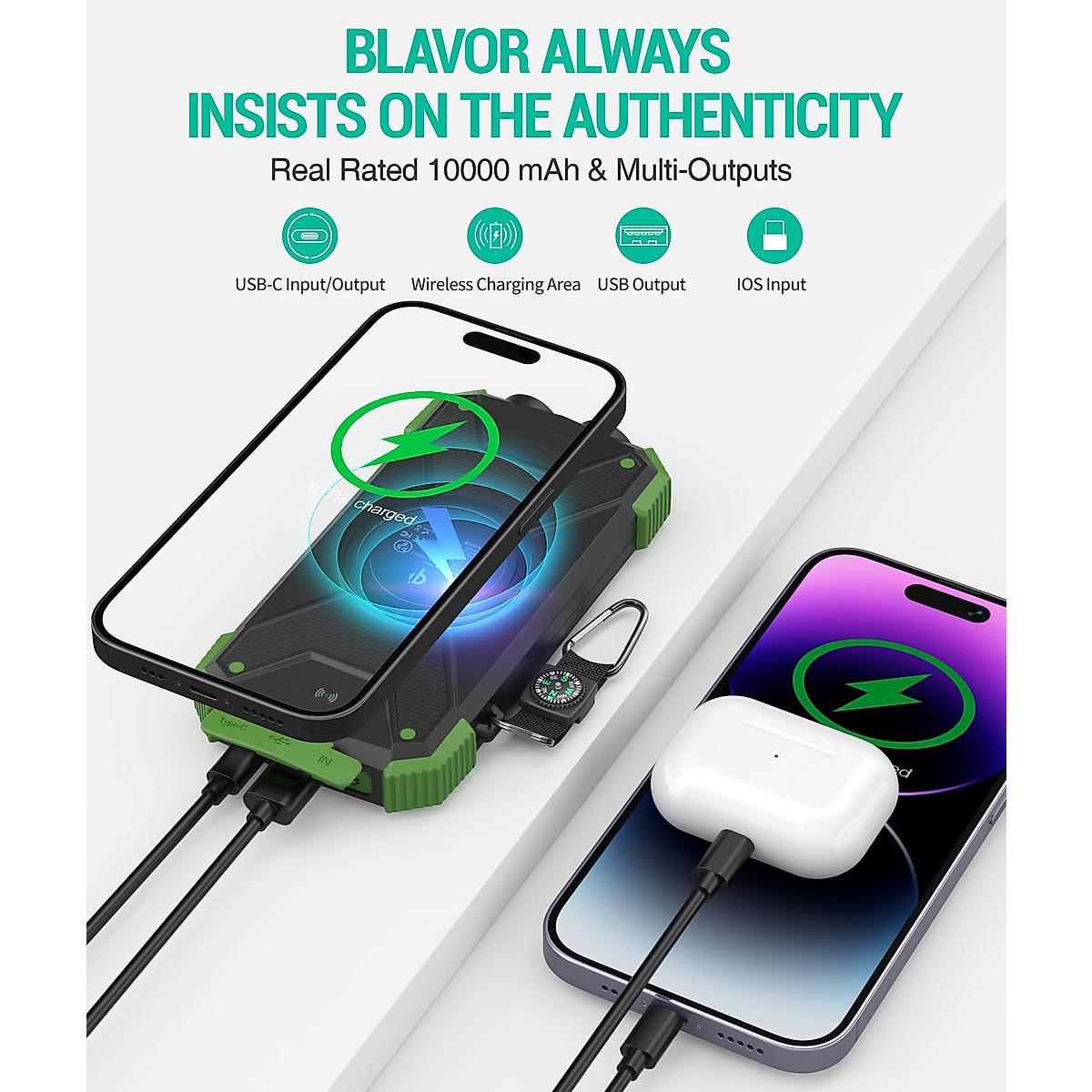 2 Pack 𝙐𝙥𝙜𝙧𝙖𝙙𝙚 Solar Powered Cell Phone Charger with Super-Strong Magnets 10,000mAh Waterproof Bakcup Battery for Camping (Green+Orange)