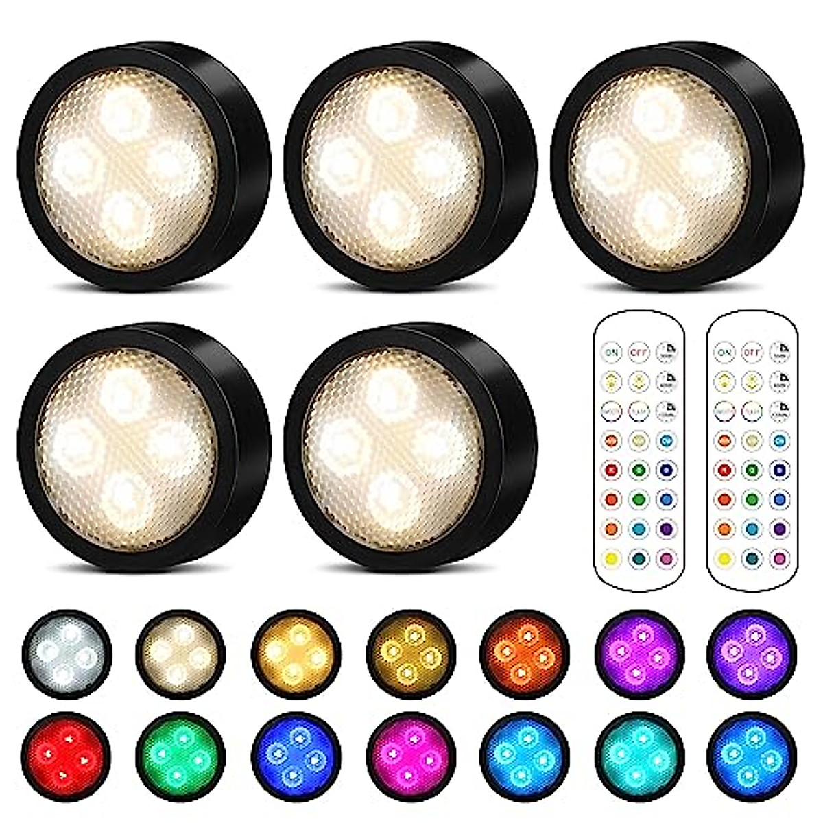 TECOMLIGHT LED Puck Lights with Remote & Timer, Battery Operated Wireless Under Cabinet Lights, Stick on Tap Light, RGB & Warm White Under Counter Light for Kitchen, Closets, Shelf, 5 Pack - Black
