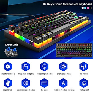 Wired Gaming Keyboard and Sets 87 Keys Rainbow Backlit Mechanical Keyboard ,RGB Backlit 6400 DPI Lightweight Gaming Mouse, Mouse Pad (Black)