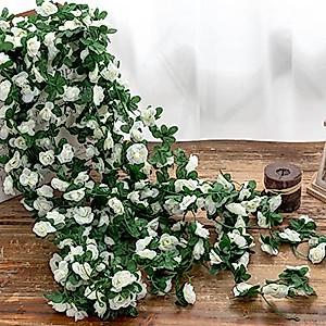 Senseya 6pcs 48FT Artificial Flower Garlands, Fake Peony Vine Artificial Flower with Green Leaves, Hanging Fake Roses Vine for Wedding Home Hotel Office Garden Christmas Wall Arch Decor (Ivory)