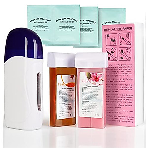 Wax Roller Kit for Hair Removal,Roller Waxing Kit,Roll On Wax Kit For Hair Removal Sensitive Skin,Roll On Wax Kit For Face,Arms, Legs And Larger Areas Of The Body Hair Removal,Roll on Wax Warmer Kit