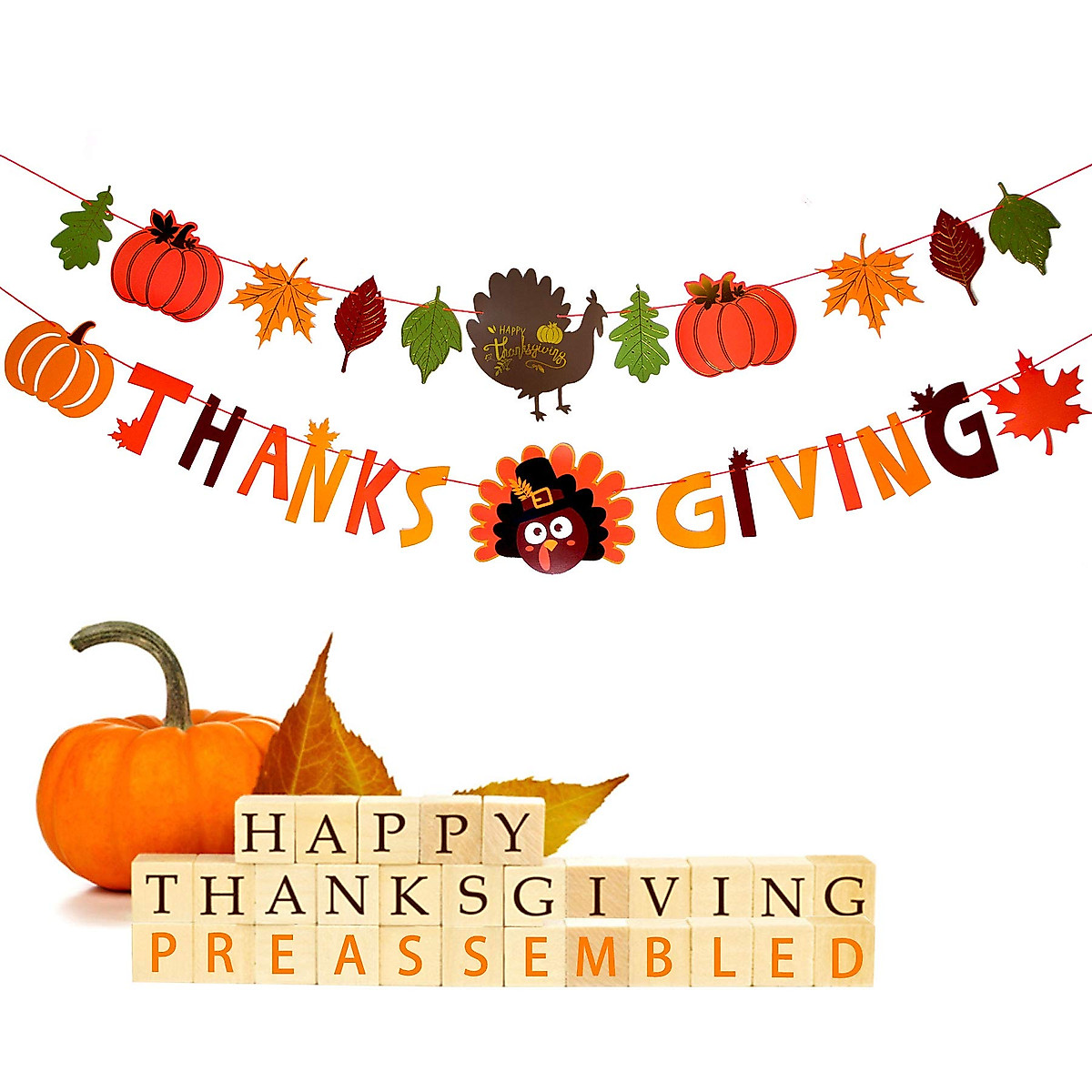 Thanks Giving Banners(Pre-Assembled) Maple Leaves Pumpkins Turkeys Banner for Thanksgiving Day, Happy Thanksgiving Fall Party Sign Banner Garland Decoration for Mantle Dinner Table Fireplace