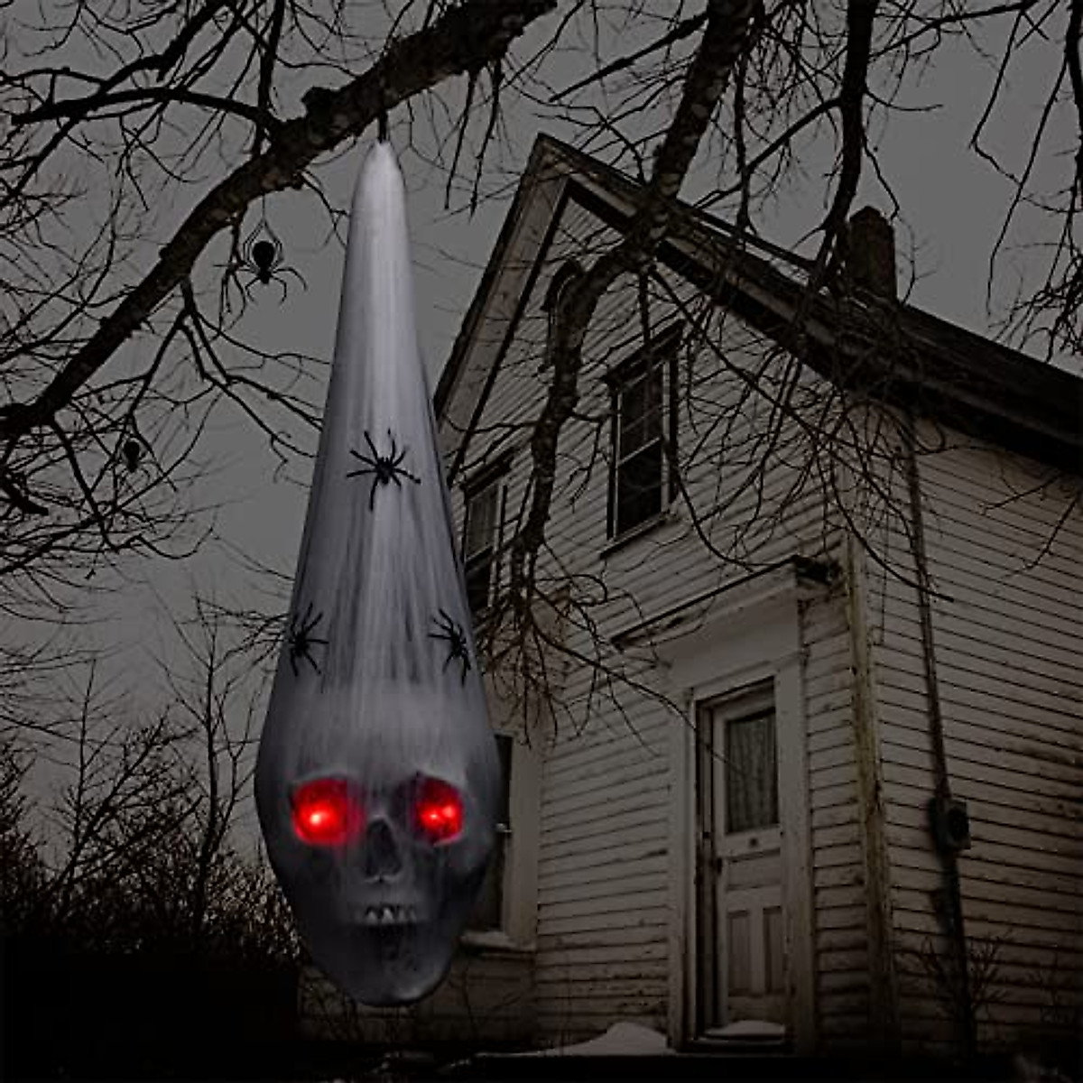 Halloween Decorations,Halloween Skull Decor Outdoor and Indoor,20" Halloween Skeleton Voice Activated Decorations with LED Red Eyes&Fake Spider,Haunted House Decorations,Halloween Party Decor for Home