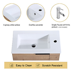 Malwee 22" Floating Bathroom Vanity with Sink, 22 Inch Single Sink Wall Mounted Bathroom Vanity, with 1 Door and White Ceramic Basin Sink Top (002-22)
