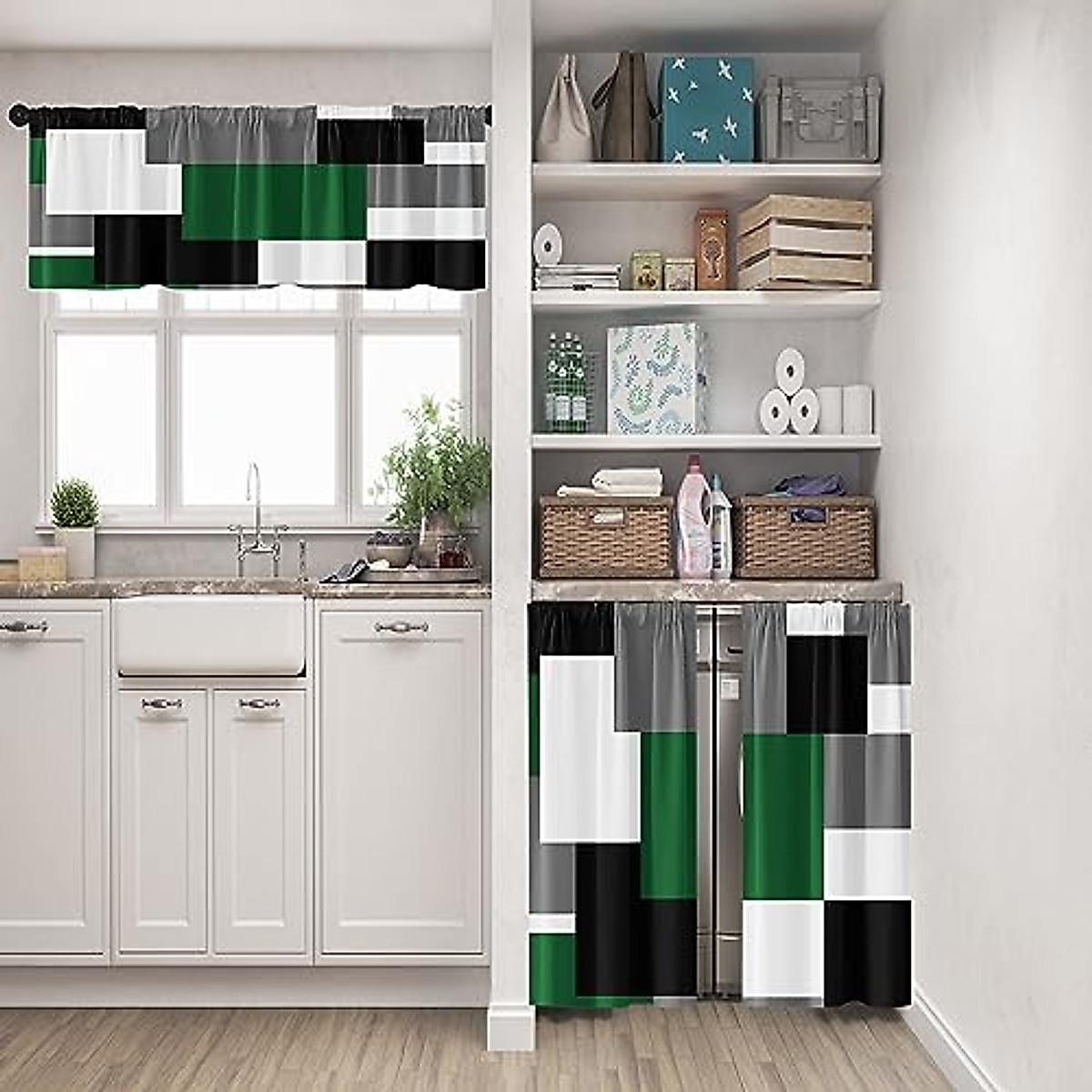 Tayney Green Geometric Kitchen Curtains Checkered Window Curtains and Valances Set 36 Inch, Black Grey White Short Tier Curtain for Kitchen, Modern Abstract Small Kitchen Decor