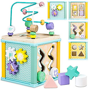 Wooden Activity Cube Montessori Toys for 18M+ Toddlers 1-3 Learning Toys for 1 + Year Old Boys Girls Baby Sensory Interactive Toys Birthday Gift