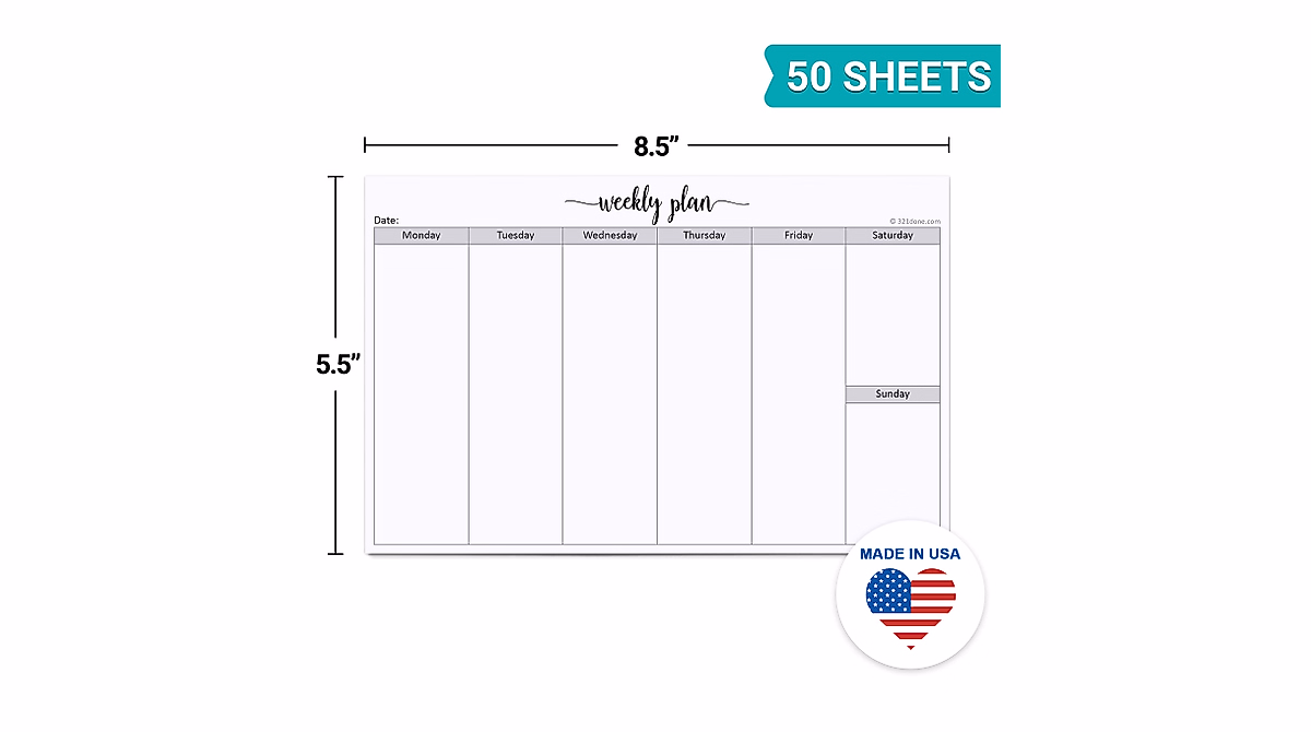 321Done Weekly Planning Notepad Landscape - 50 Sheets (8.5" x 5.5 ...