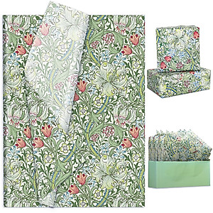 JarThenaAMCS 100 Sheets Vintage Floral Tissue Paper Greenery Gift Wrapping Paper Green Flower Decorative Art Paper for DIY Crafts Birthday Baby Shower Party Home Supplies, 14 x 20 Inch