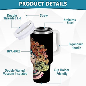 RPLIFE Intricate Hairstyles Black 40 Oz Tumbler with Handle, Stainless Steel Tumbler with Straw, Coffee Tumbler for Women