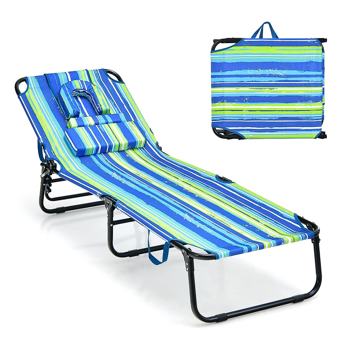 Tangkula Beach Lounge Chair, Folding Sunbathing Recliner with Face Hole, Face Down Tanning Chair with 5-Level Adjustable Backrest & 3 Removable Pillows, Chaise Lounge Chair for Patio (1, Stripe)