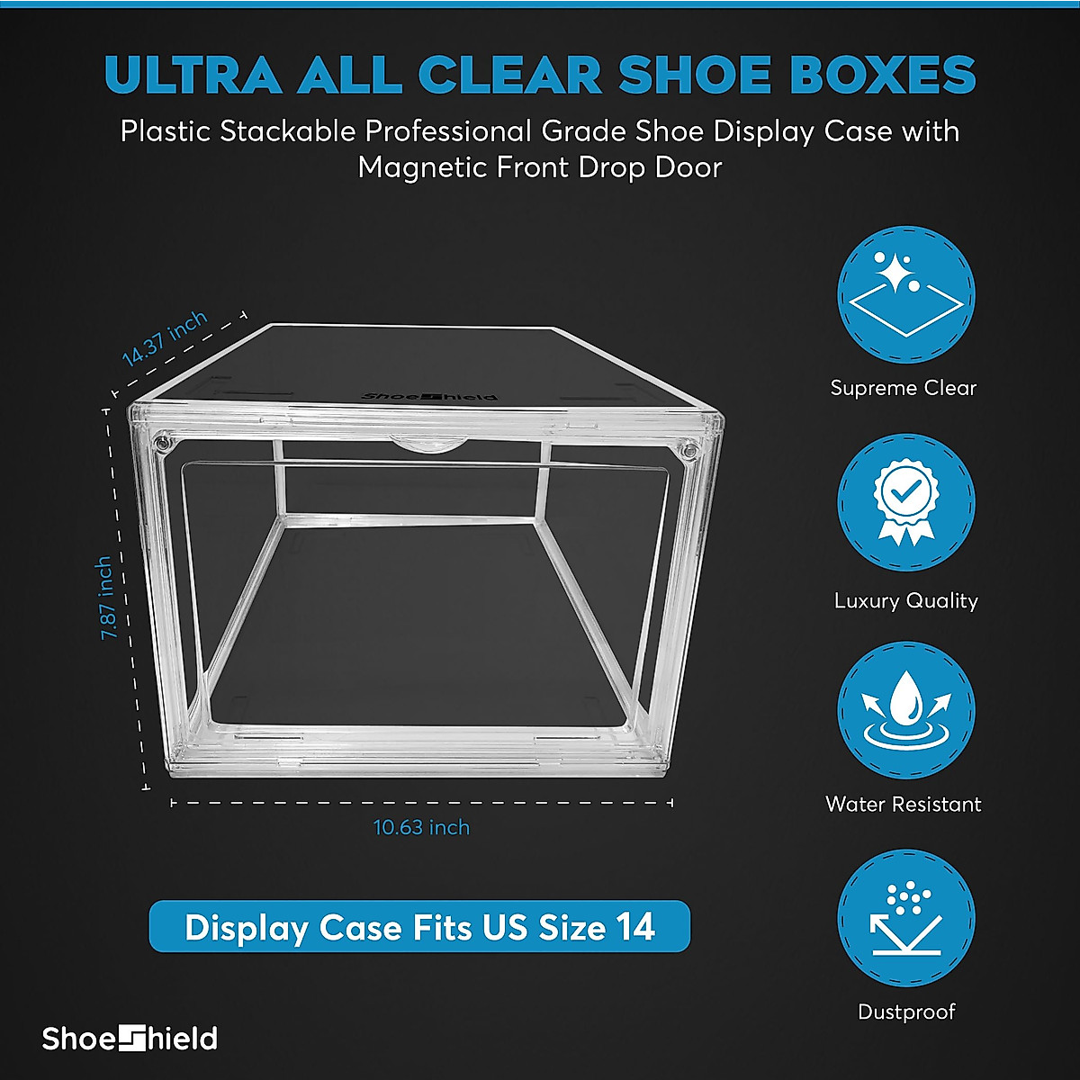 ShoeShield Ultra All Clear Shoe Boxes Plastic Stackable Professional Grade Shoe Display Case with Magnetic Front Drop Door Open Easy Assembly Modern Shoe Sneaker Display Case Fits US Size 14