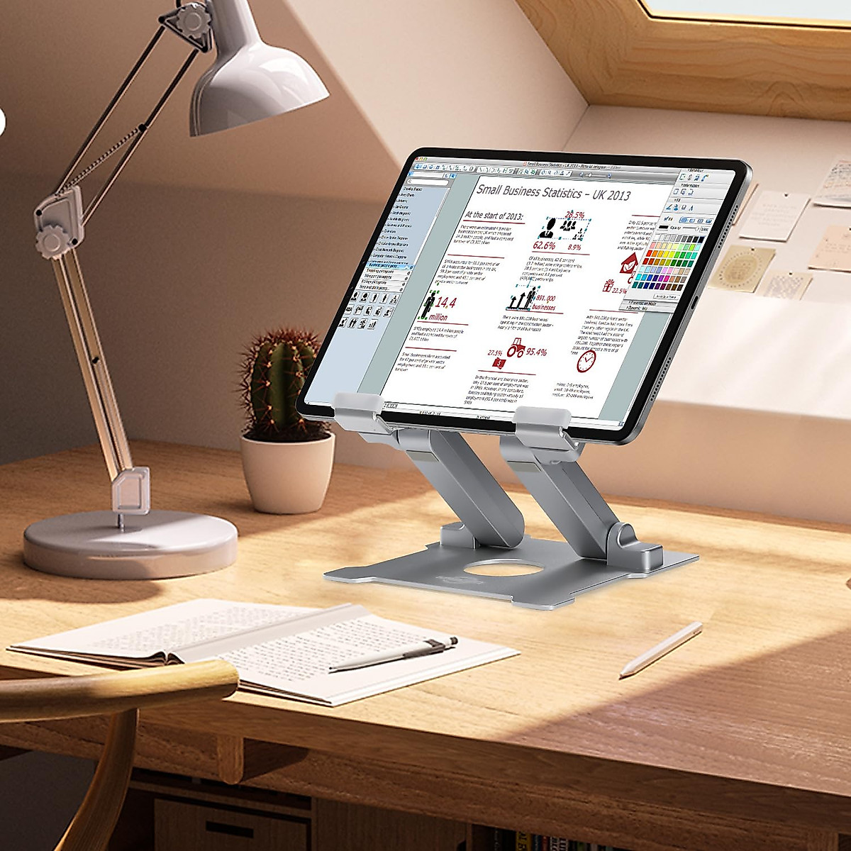 KABCON Quality Tablet Stand,Adjustable Foldable Eye-Level Aluminum Solid Up to 15-in Tablets Holder for Microsoft Surface Series Tablets,iPad Series,Samsung Galaxy Tabs,Amazon Kindle Fire,Etc.Silver