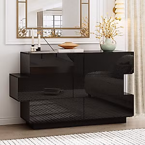 ROMSHINE Balck Drawer Dresser for Bedroom, Modern High Gloss Dresser with 6 Drawers, Double Dresser Storage Chest of Drawer with Asymmetrical Design for Bedroom, Living Room, Entryway