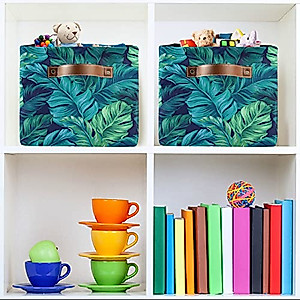 Large Storage Basket Turquoise Tropical Leaves Green Foldable Storage Box Organizer Bins with Handles for Bedroom Home Office