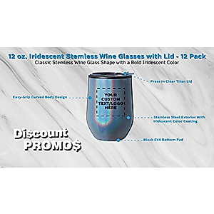Custom Palmera Stemless Wine Tumblers with Lids 12 oz. Set of 12, Personalized Bulk Pack - Perfect for Wine, Cocktails, Other Hot & Cold Beverages - Iridescent Blue