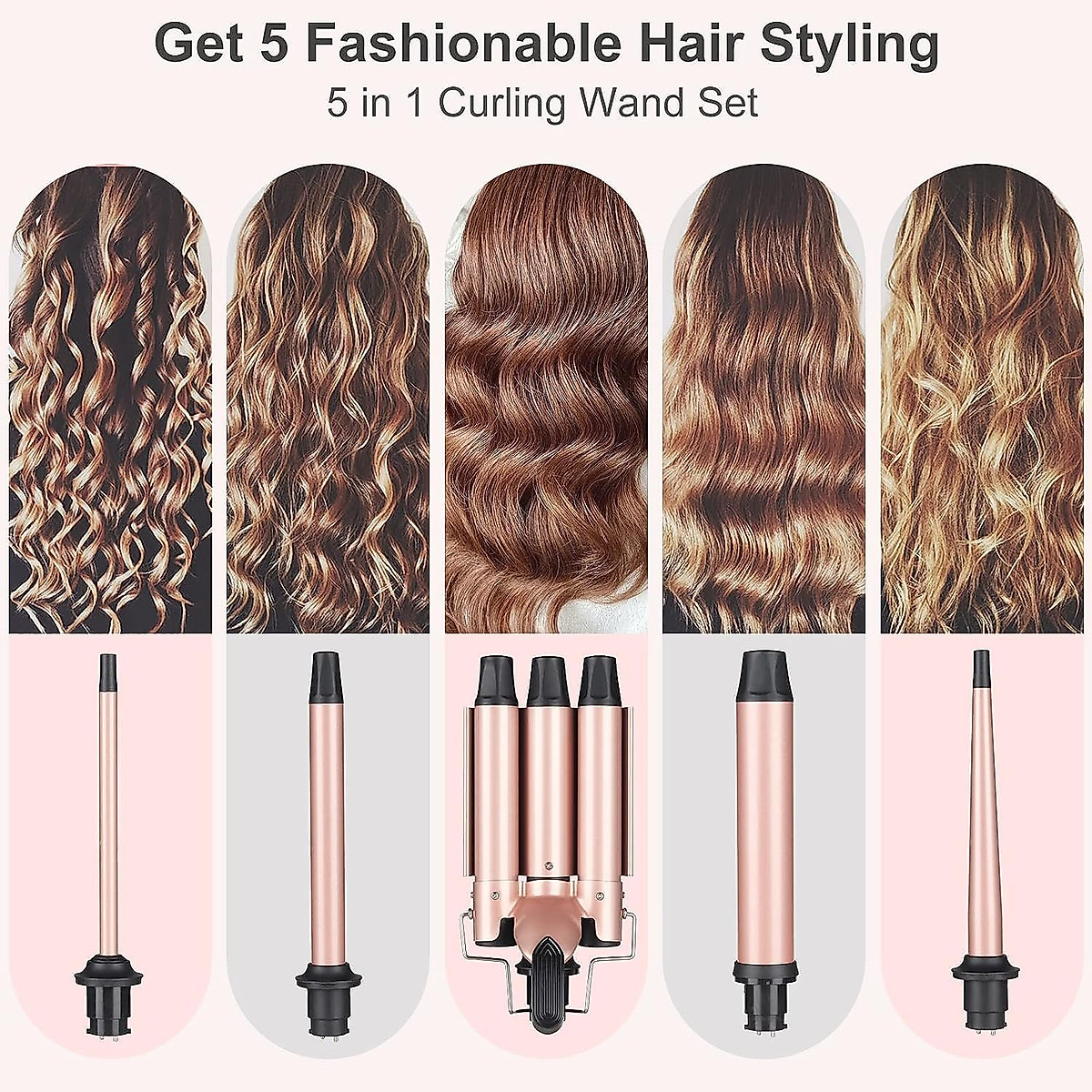 Beach Waver Curling Iron Wand Set 5 in 1 Hair Curlers Waver Crimper Tool for Women Man 3/8 inch - 1 1/4 inch Curling Wands with Attachments for Hair Curly Hairstyle