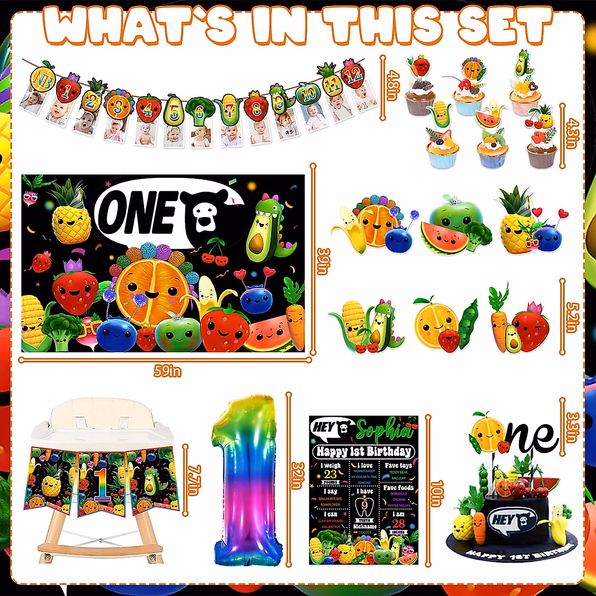 Generic 124pcs Fruit 1st Birthday Decorations, Dancing Fruit 1st Birthday Decorations Fruit Party Decorations Swirls Banner cupcake topper Backdrop Fruit Balloons Arch Set for Baby