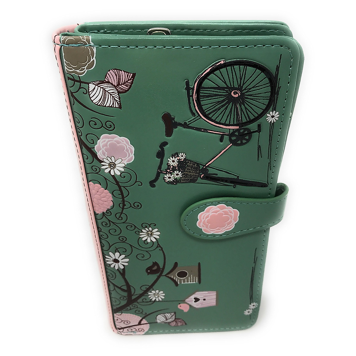 Shag Wear Vintage Postcard Floral Bicycle Large Wallet for Women and Teen Girls Vegan Faux Leather Teal 7"