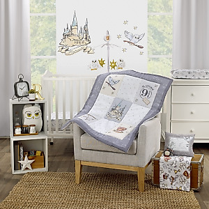 Warner Brothers Harry Potter Magical Moments Grey and White Hogwarts 3 Piece Nursery Mini Crib Bedding Set - Comforter and Two Fitted Mini Crib Sheets