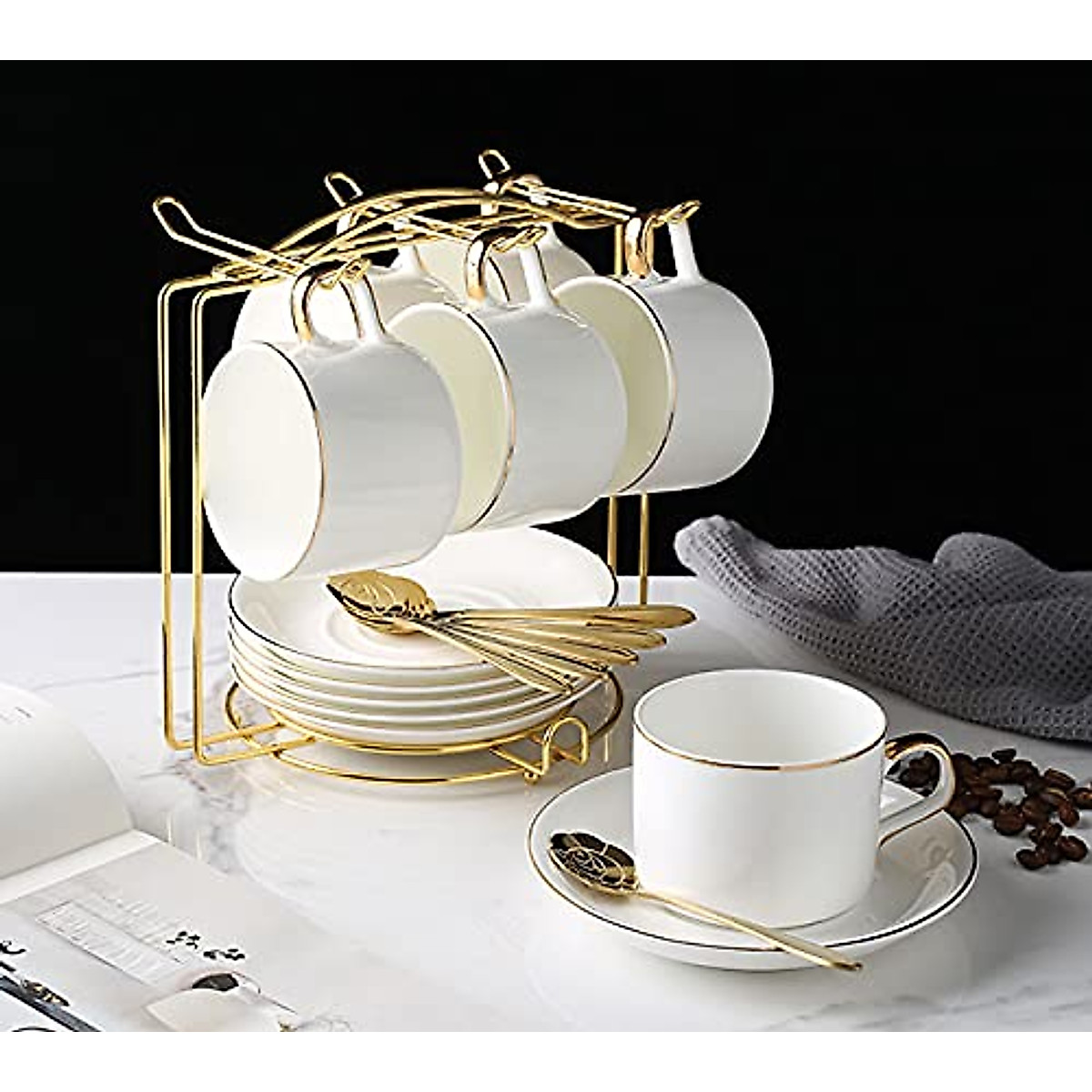 Jusalpha Gold Colored Teacup-Coffee Mug Holder Rack, Organizer for Kitchen, Teacup Display Stand for Counter (Gold, Capacity:6)