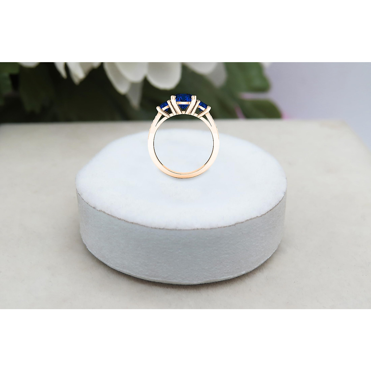 Dazzlingrock Collection 7 MM Centre & 4 MM Side Round Lab Created Blue Sapphire with Natural White Diamond Women Three Stone Engagement Ring | 14K Rose Gold, Size 7