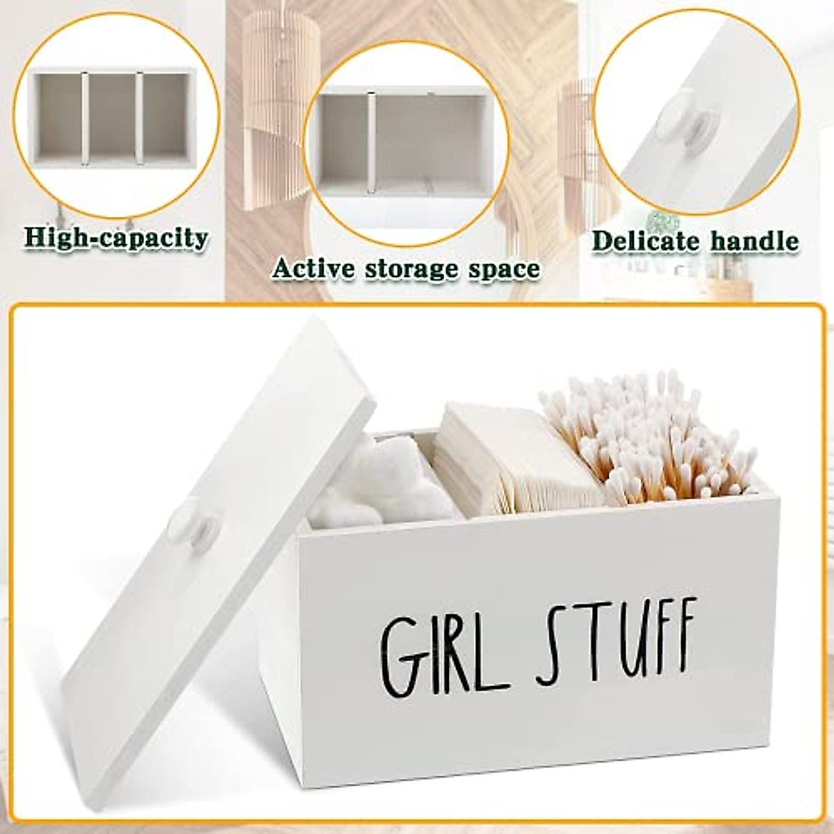 Tampon Holder for Bathroom Farmhouse Organizer for Bathroom Decorative Countertop Cosmetics Organizer Storage Box Wood Movable Partition Feminine Product Organizer with Lid for Tampon Storage
