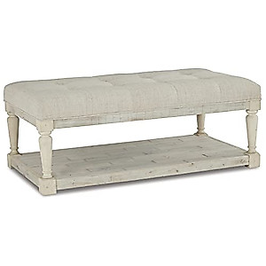 Signature Design by Ashley Shawnalore Farmhouse Upholstered Solid Wood Ottoman Coffee Table, Whitewash