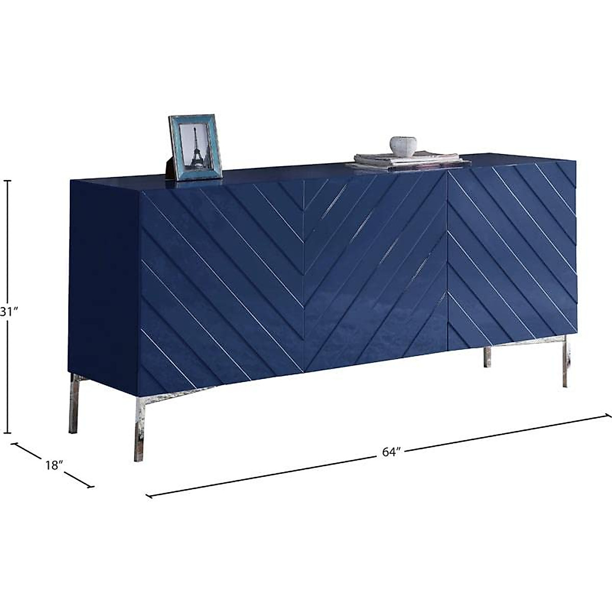 Meridian Furniture Collette Collection Modern | Contemporary Sideboard Buffet, Rich Chrome Stainless Steel Base, Navy Laquer Finish, 64" W x 18" D x 31" H, Cabinet