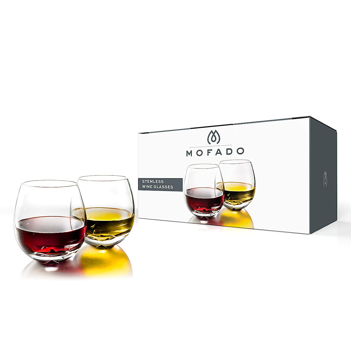 Mofado Crystal Stemless Wine Glasses in a Gift Box - (Set of 4) 15oz - Stable, Sturdy & Durable - For Red and White Wine
