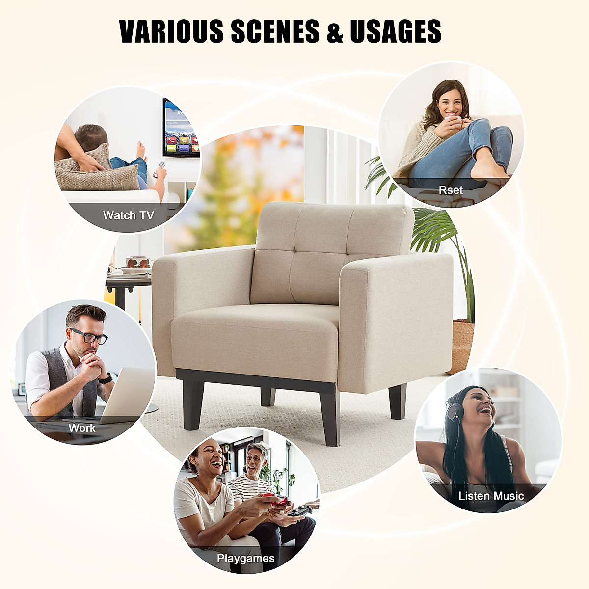 AYEASY Linen Mid-Century Modern Cream Accent Set of 2, Oversized Upholstered Single Sofa Chair Base and Wood Legs, Comfy Living Room Armchairs for Apartment Bedroom Office Study, Ivory/Beige