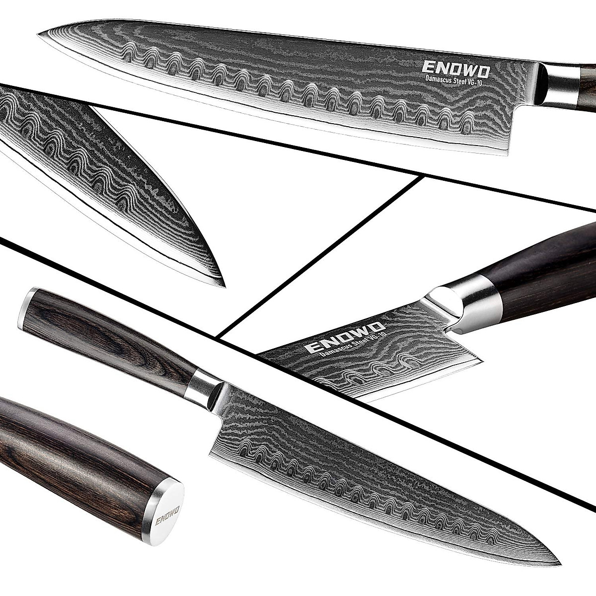 enowo Damascus Chef Knife 8 Inch with Clad Dimple,Razor Sharp Kitchen Carving Sushi Knife Made of Japanese VG-10 Stainless Steel,Gift Box,Ergonomic, Superb Edge Retention