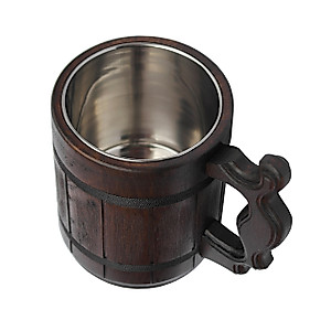 Etno Motif Handmade Wood Mug 20 oz Stainless Steel Cup Carved Natural Beer Stein Old-Fashioned Brown - Wood Carving Beer Mug of Wood Wooden Beer Tankard Capacity: 20oz (600ml) - Great Gift Idea