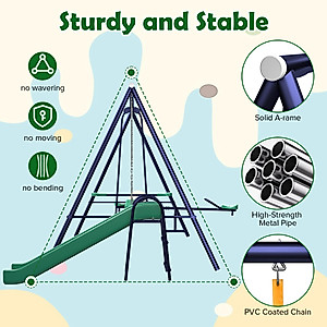 Dithoko 4 in 1 Multifunction Kids Swing Set, Metal for Backyard, Outdoor Heavy Duty Extra Large Frame with 2 Adjustable Swing, 1 Glider, 1 Slide and 1 Teeter-Totter