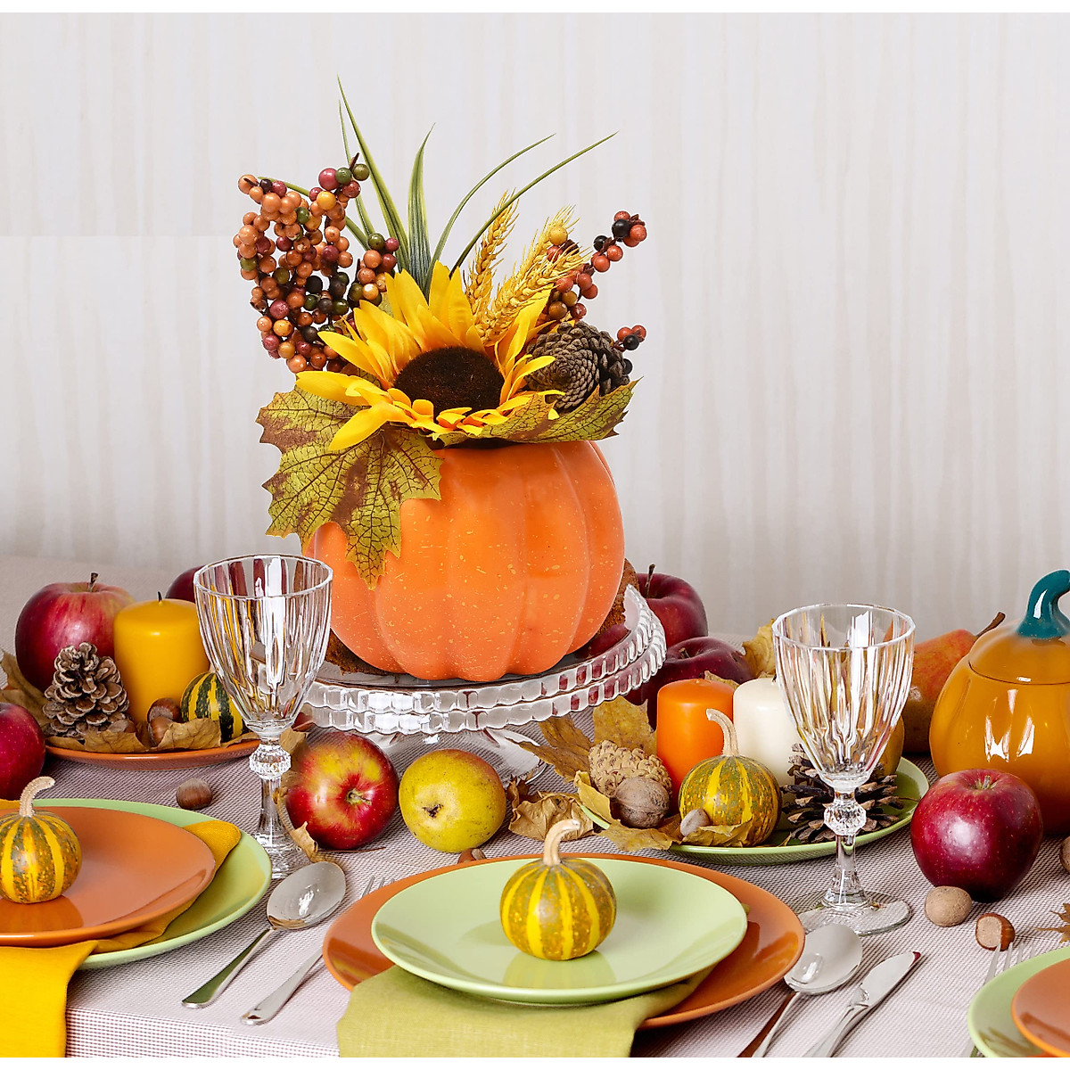 Gift Boutique Fall Pumpkin Centerpiece Artificial Floral Arrangement with Faux Maple Leaves Sunflower Pine Cone Berries Wheat for Porch Large Halloween Thanksgiving Tabletop Decorations 11 Inch