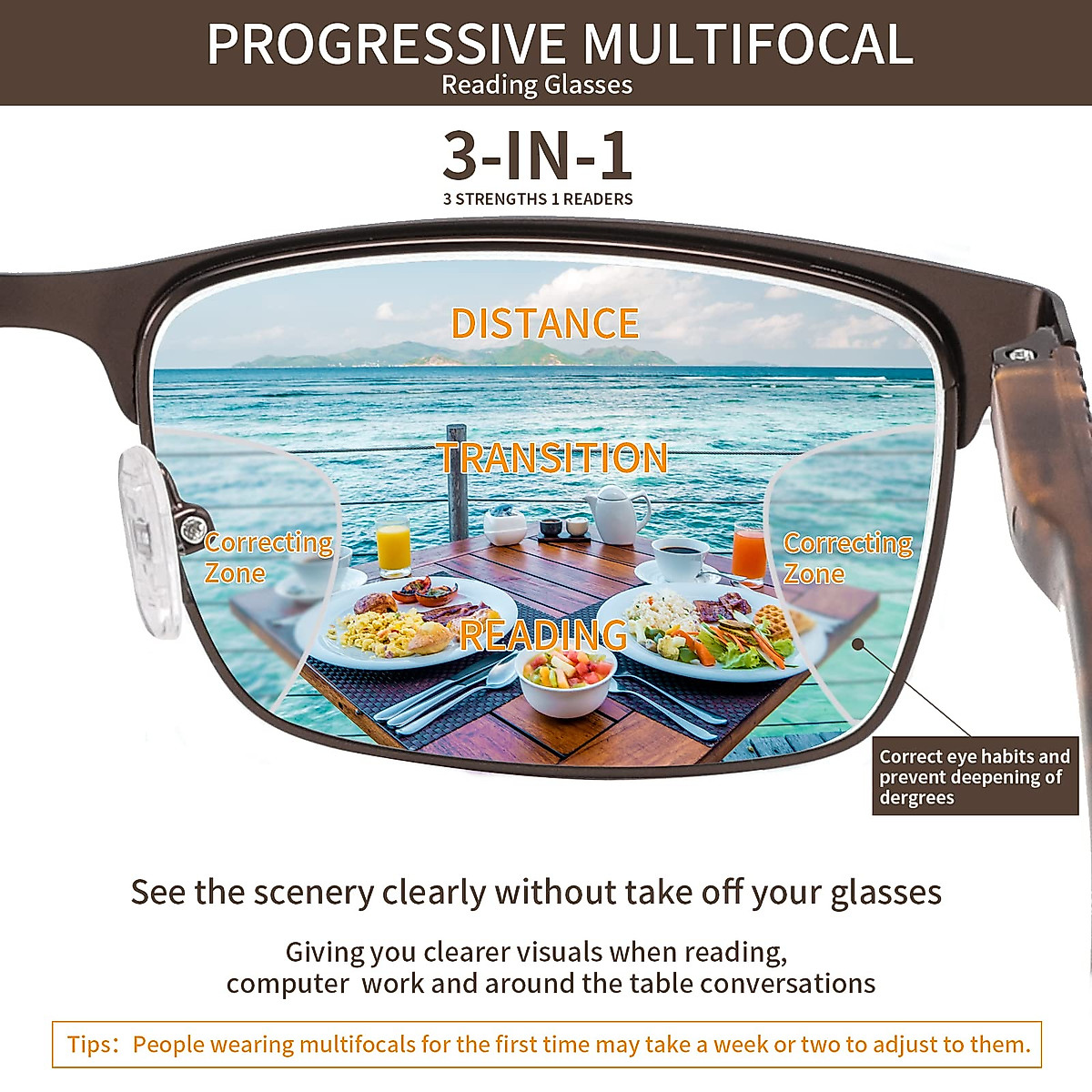 Kafirlo Progressive Multifocal Reading Glasses Men No Line Multifocus Transition Blue Light Blocking Computer Reader Multi Focus Metal Full Wide Frame Spring Hinge Designer Magnifying Eyeglasses 1.25