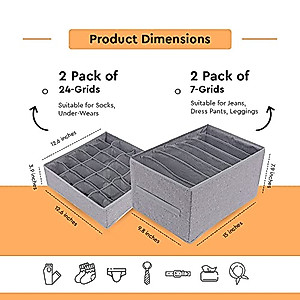 2 Wardrobe Clothes Organizer 7 Grids and 2 Sock Underwear Organizer Dividers 24 Cell with Zipper, Drawer organizers for clothing, Closet Organizers for jeans, underwear, socks and Ties, 4 packs in 1