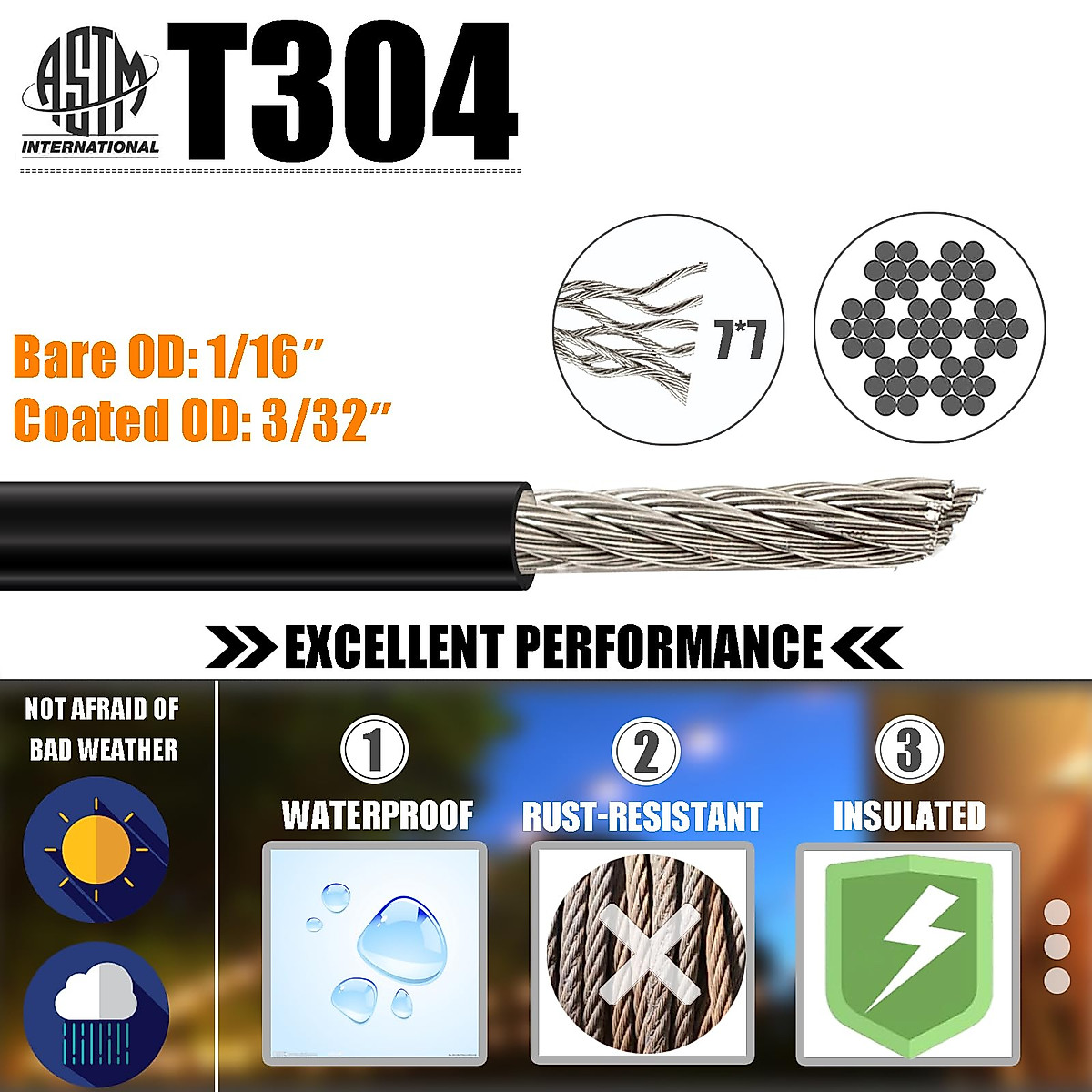 NEREUS String Light Hanging Kit with 250 Ft Nylon Coated 304 Stainless Steel Wire Rope, String Light Suspension Kit, Guide Wire with Turnbuckles and Hooks for Patio, Backyard Lighting Accessories