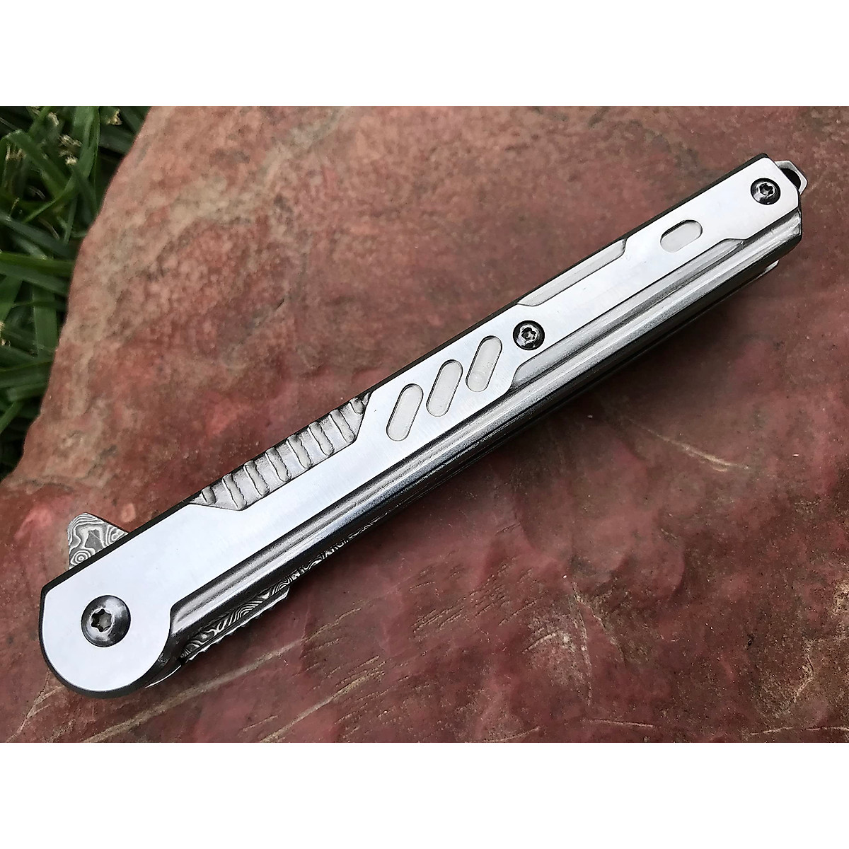 TACTICAL GEARZ Damascus Pocket Knife for EDC! Stainless Steel Handle! 67 Multi Layered Damascus Steel Tanto Blade! Includes Sheath! (Kraz XT)