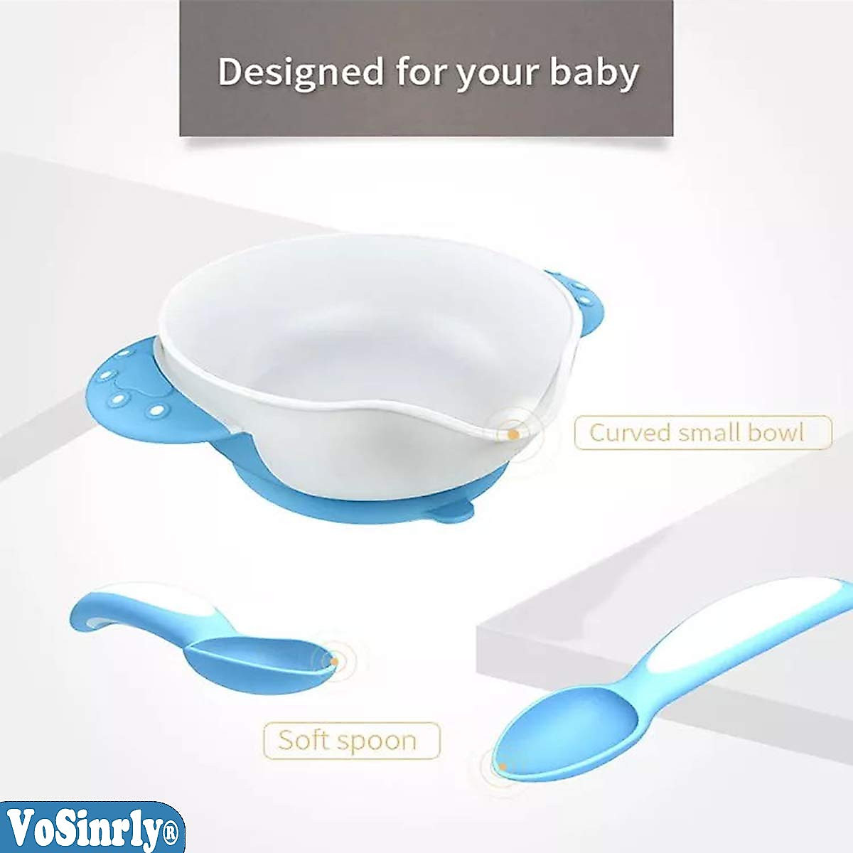 VoSinrly Baby Mate Suction Bowl for Toddlers with Fork & Spoon Set - Toddler Bowls with Suction and Lid - BPA Free Baby Feeding Set (Blue)