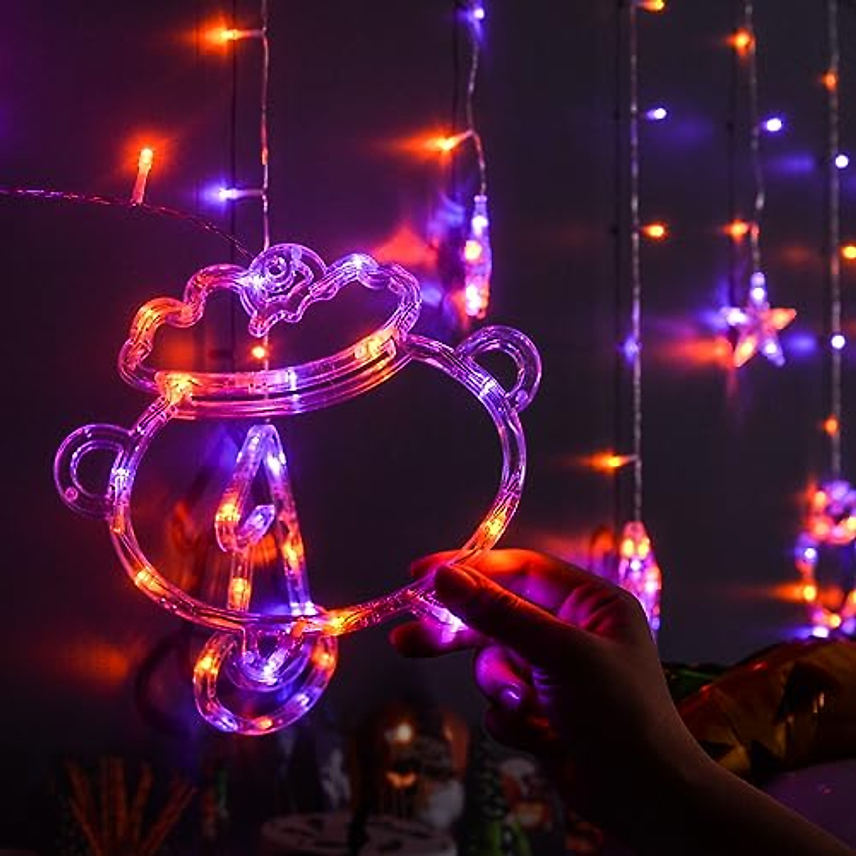 LOLStar Halloween String Lights, Halloween Window Decorations Orange Purple Spellbook, Witch Hat and Cauldron 183 LEDs Indoor Hanging Curtain Lights, Remote 8 Flashing Modes Timer Function