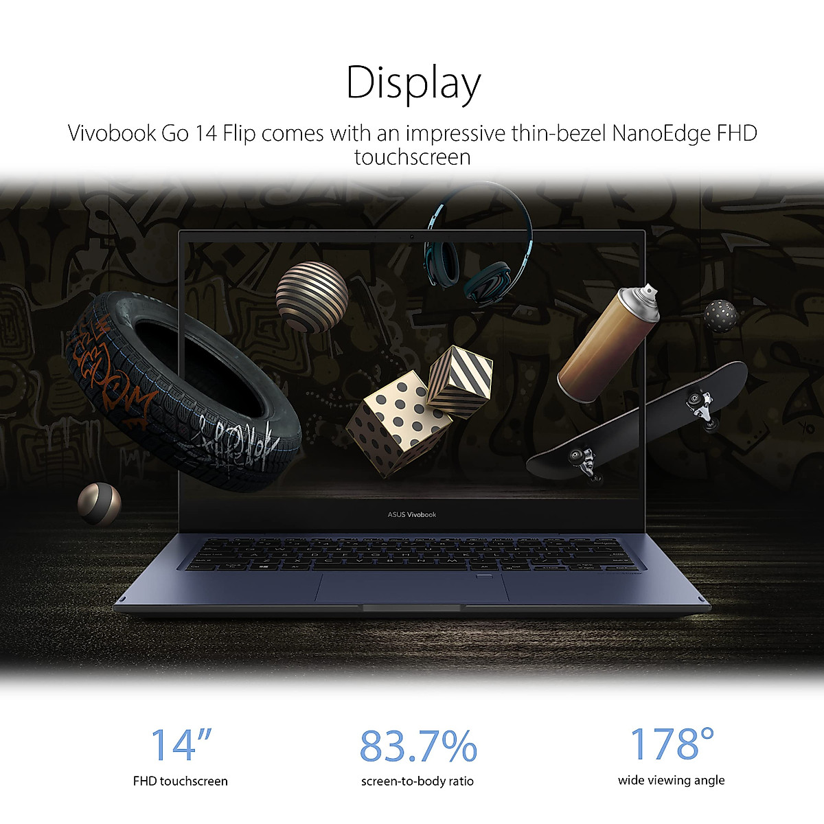 ASUS VivoBook Go 14 Flip Thin and Light 2-in-1 Laptop, 14" FHD Touch, Intel Celeron N4500 CPU, UHD Graphics, 4GB RAM, 128GB eMMC, Fingerprint, Windows 11 Home in S Mode, Quiet Blue, J1400KA-DS04T