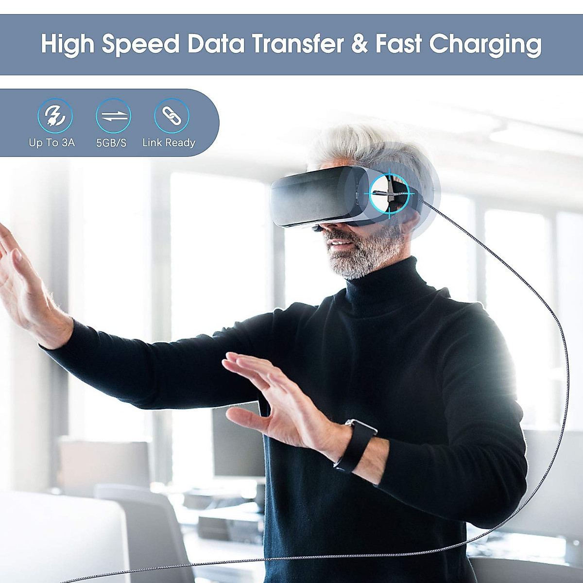 aceyoon Link Cable 10ft Compatible for Oculus Quest 2/1, Braided USB 3.1 GEN1 to Right Angle USB C 5Gbps High Speed Data Transfer & Fast Charging VR Headset Cable for Oculus Link/Rift S