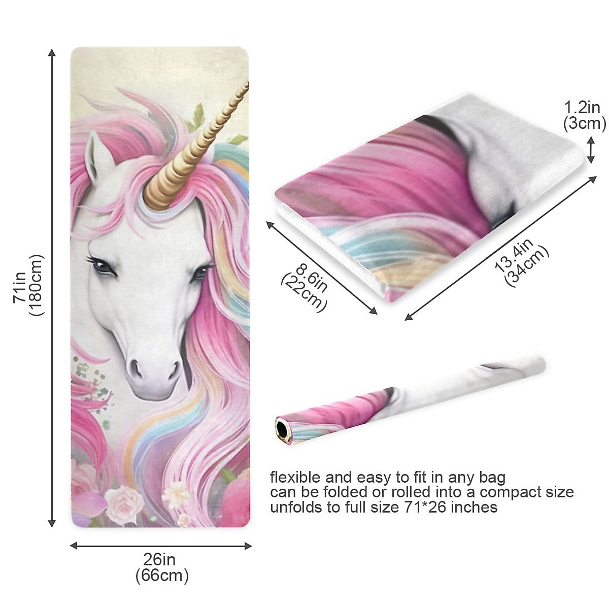 GOODOLD Cute Horse Pink Yoga Mat, 71 x 26 Inch Non-slip Yoga Mats Folding Travel Exercise Mat Indoor Outdoor Gym Pilates with Storage Bag for Women Men