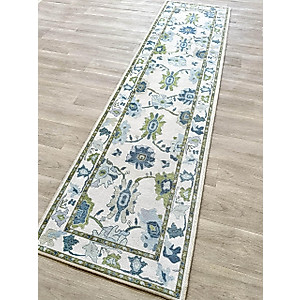 Green Oushak Rug, Modern, Vintage, Turkish, Eclectic, Floral, Pastel, Washable, Large Area Rugs for Living Room, Dining, Bedroom, Girls, Boys, 7'5"x9'8"