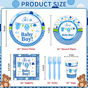 DYLIVeS Blue Baby Shower Decorations, It's a Baby Boy Paper Plates and Napkins Cups Forks Disposable Tableware for Gender Reveal Party Supplies, Sweet Baby Boy Shower Birthday Party Favors, Serve 24